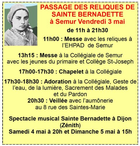 PASSAGE DES RELIQUES DE SAINTE BERNADETTE à Semur - Paroisses de Semur-en-Auxois et d'Epoisses